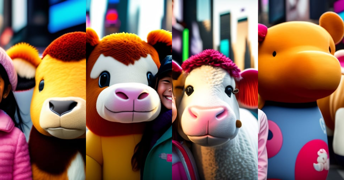 Lexica - A girl and stuffed cow, sonrisa, times square, cartoon style