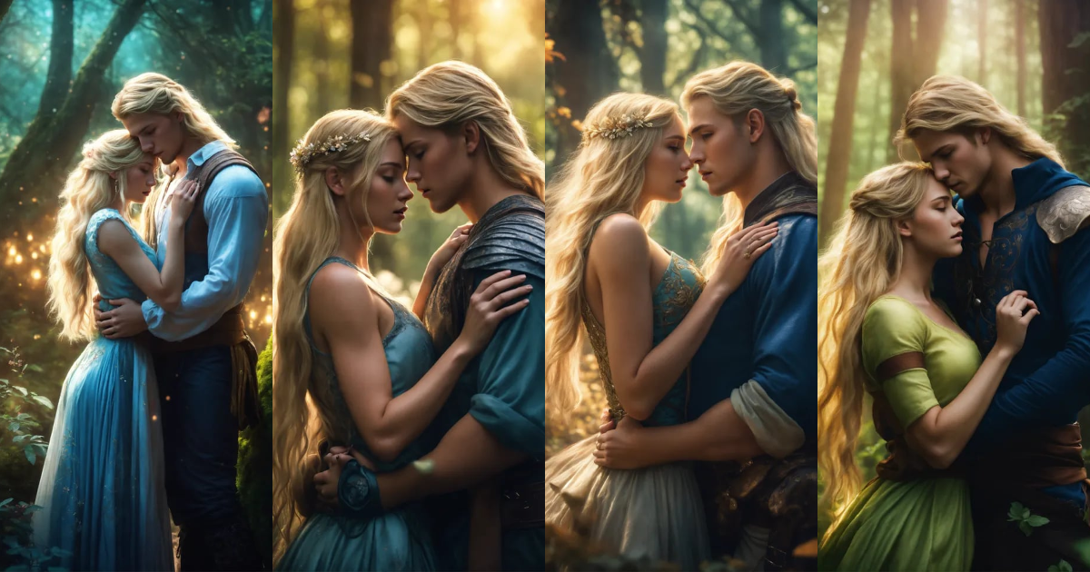 Lexica - Young strong man with long blonde hair hugs beautiful girl ...