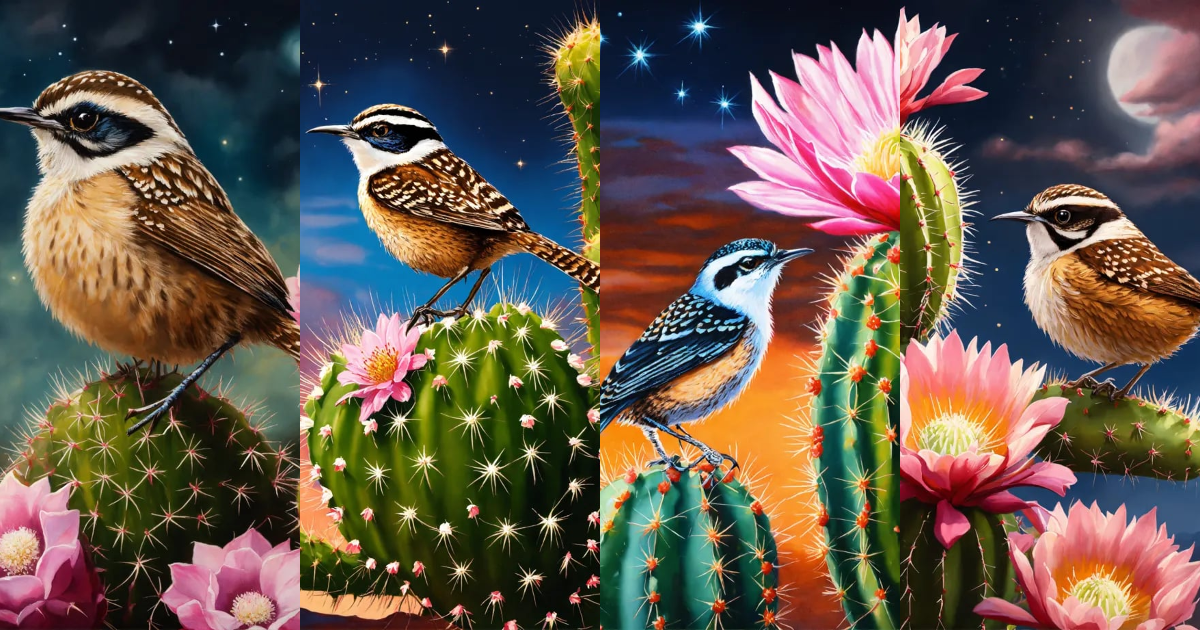 Lexica - Arizona state bird cactus wren on cactus flower painting art ...