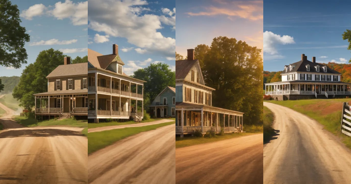 Lexica - Picture a 1800 colonial inn at the end of a road, mid day with ...