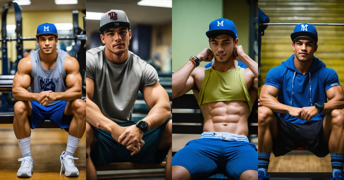 Lexica - College jock sitting on a bench, flexing in a gym, hands ...