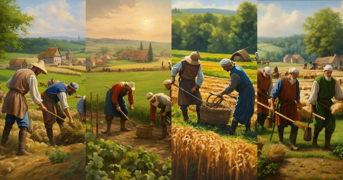 Lexica - Realistic painting, medieval farmers working on field