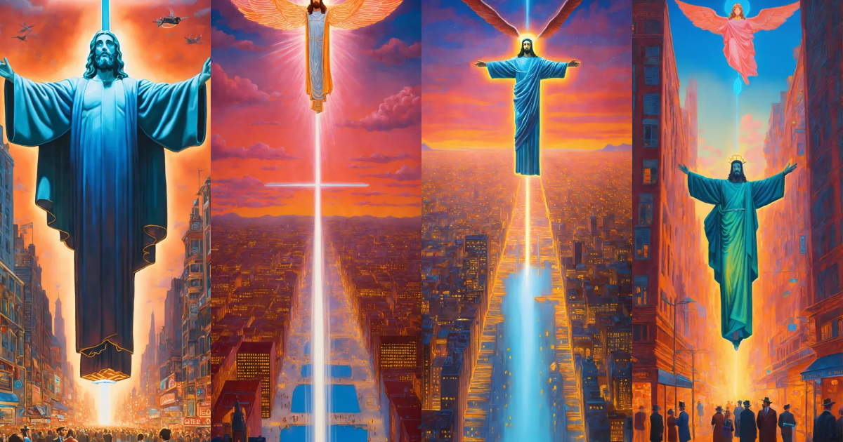 Lexica - Ultra-detailed illustration of "A huge flying iron-Jesus" in a ...