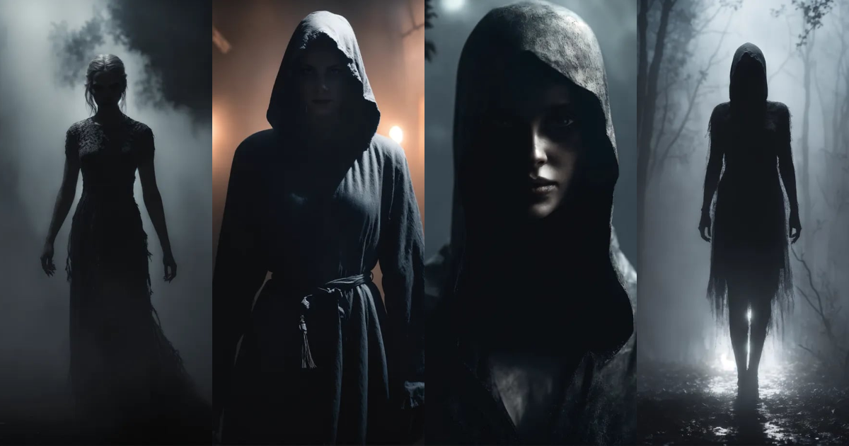 Lexica - Demonic spooky shadow figure woman emerging from the darkness ...