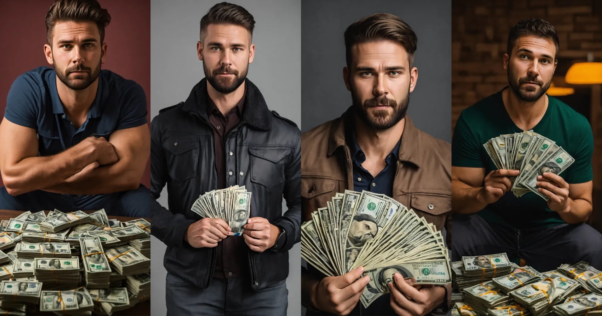 Lexica - A guy in his 30s is holding a big pile of cash dollars. The ...