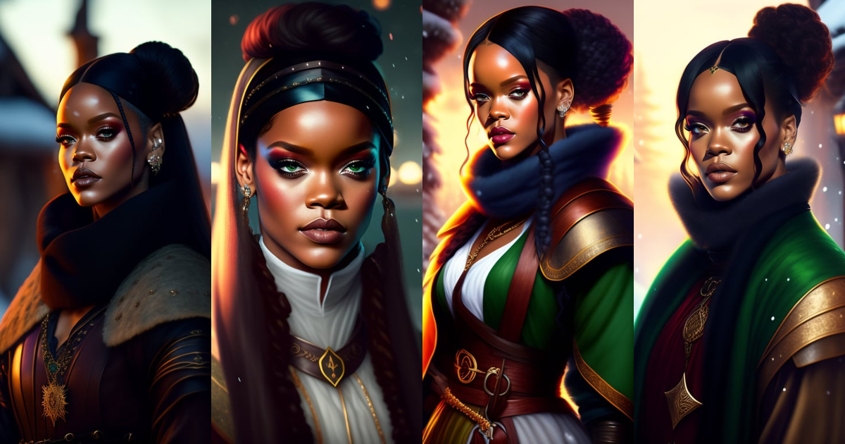 Lexica - Rihanna, in female medieval outfit, green eyes, hair tied in a ...