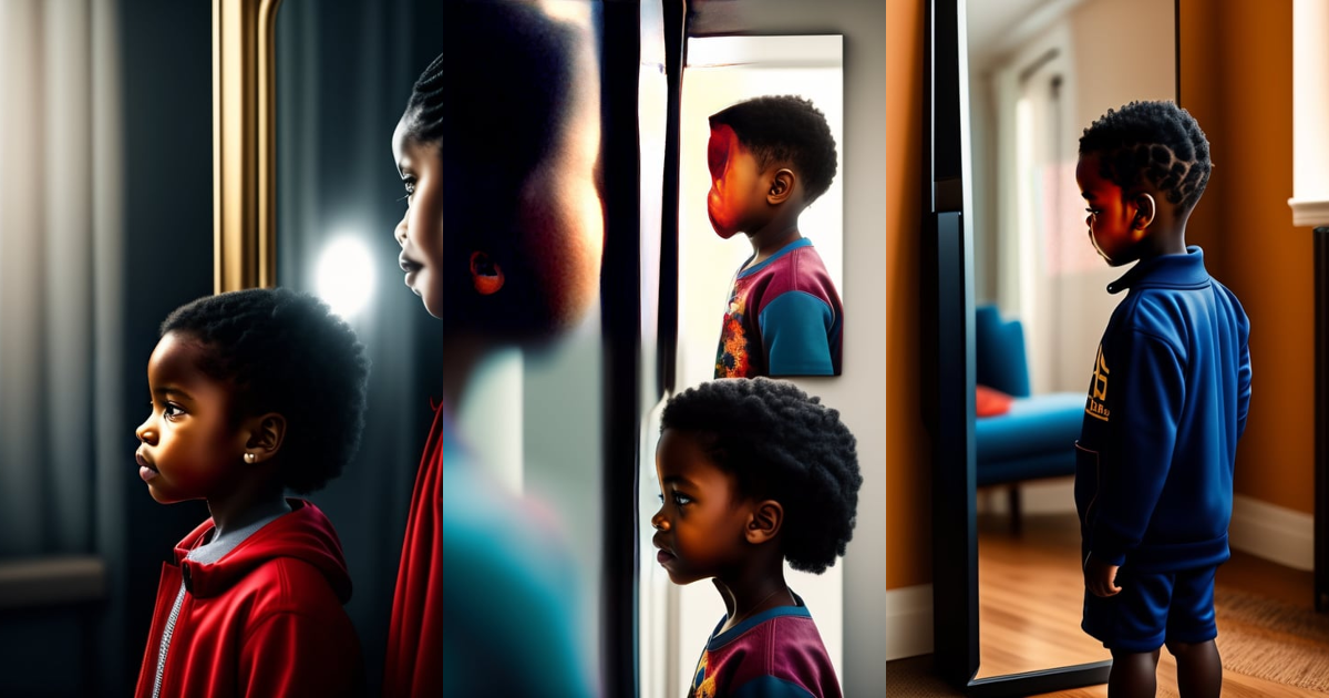 Lexica - A black child standing in front of a mirror, looking at their ...
