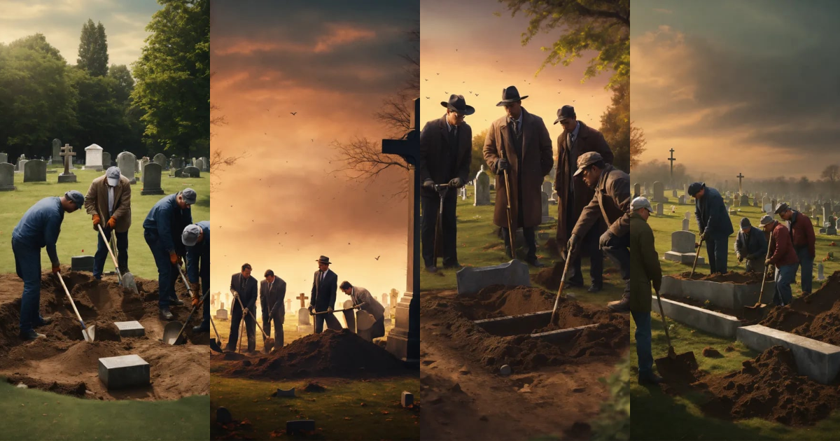 Lexica - Realistic, five men digging a grave in a cemetery