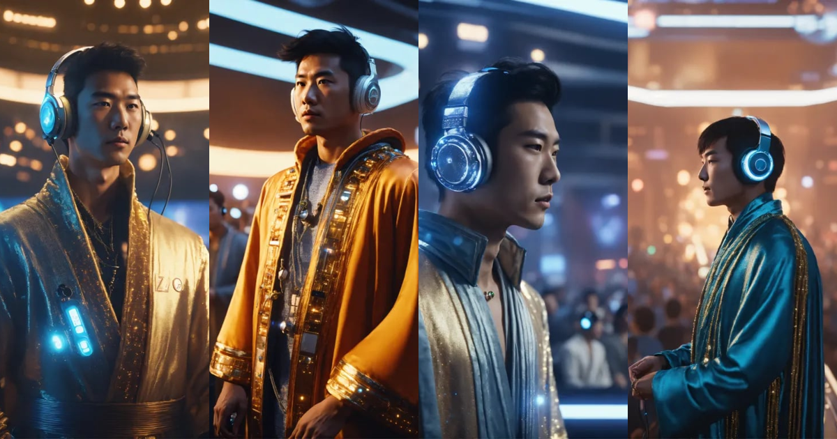 Lexica - Zoom out from a asian male humanoid, wearing a fancy space ...