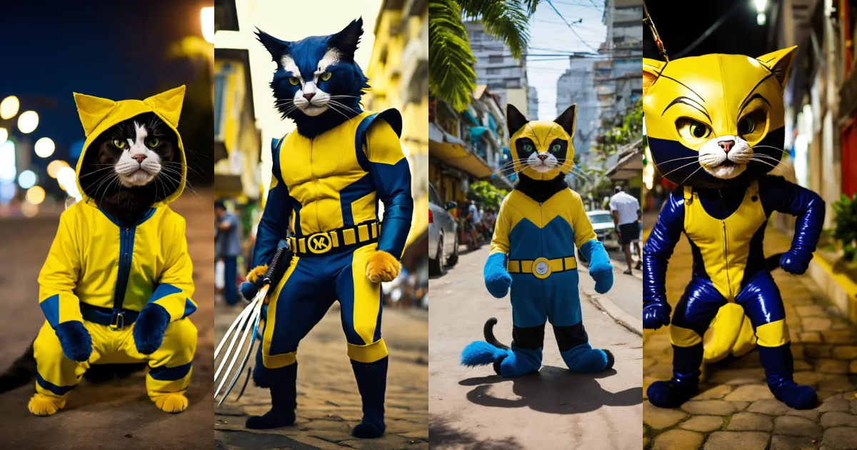Lexica - A cat wearing a Wolverine suit in Rio de Janeiro catching ...