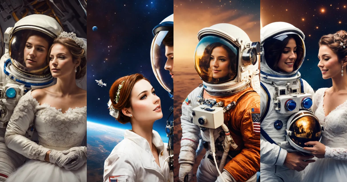 Lexica - Astronaut, realistic, the bride with astronaut helmet and groom