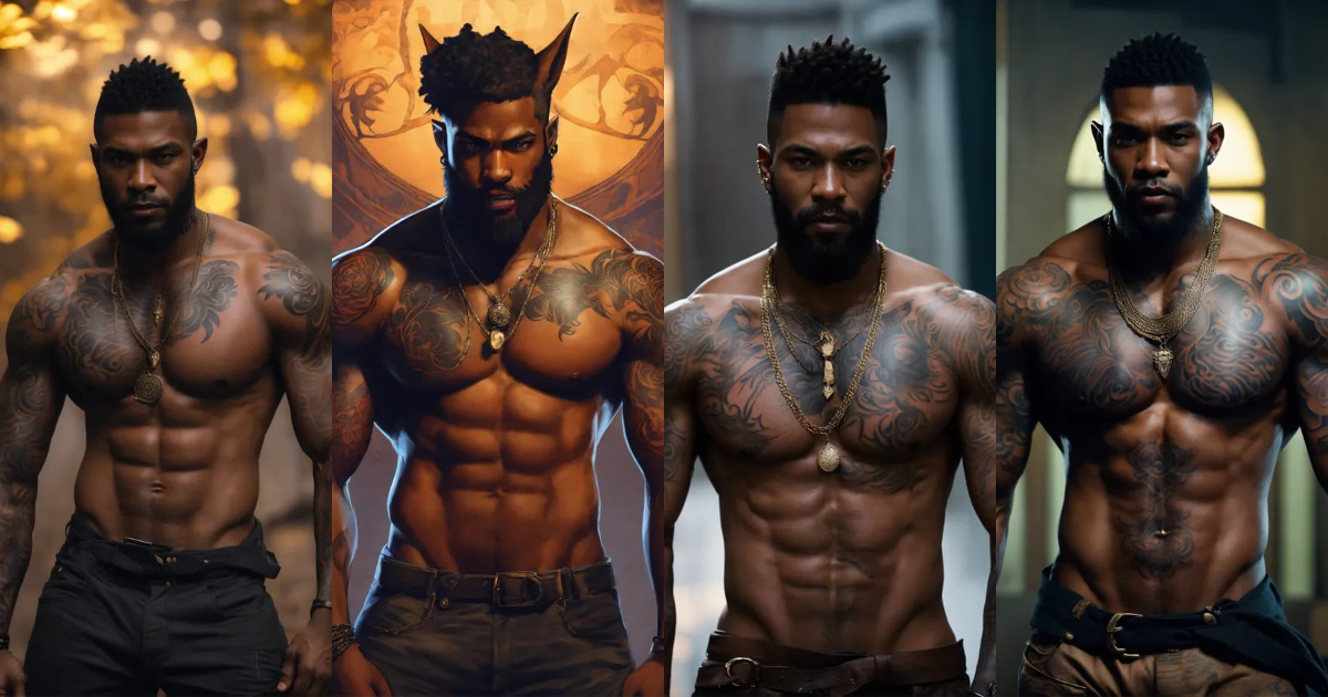 Lexica - Handsome black male, werewolf, pointy ears, tattoos chest and ...