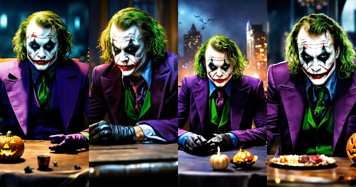 Lexica - Realistic picture with Heath Ledger's Joker sitting at a table ...