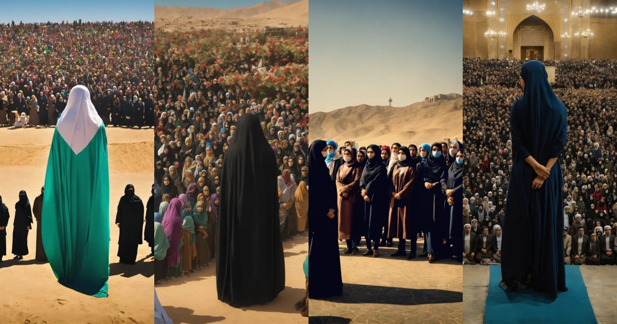 Lexica - 1. A defiant Iranian woman standing unveiled amidst a mass of ...