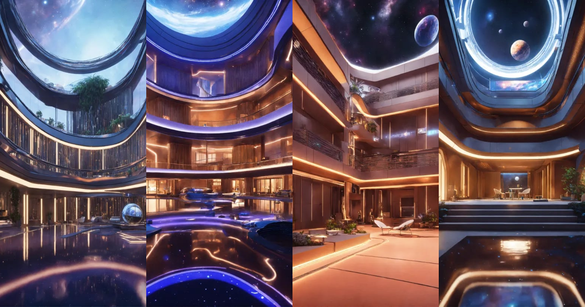 Lexica - Space port hotel courtyard cosmic atrium in deep space, cosmic ...