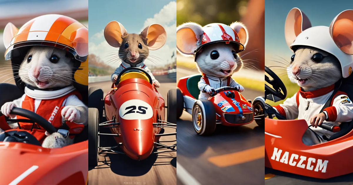 Lexica - A cute mouse driving a racecar while wearing a white helmet