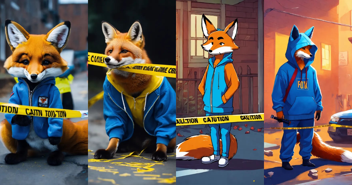 Lexica - A fox in a blue hoodie securing a crime scene with caution tape.