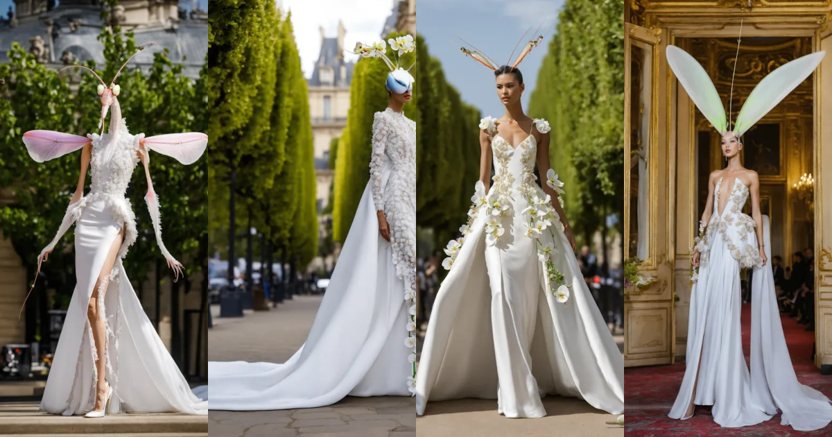 Lexica - An orchid praying mantis wearing a haute couture white dress ...