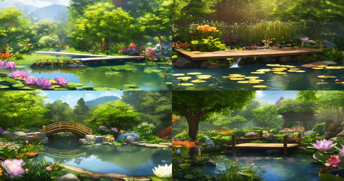 Lexica - Create an image of a realistic garden pond setting during the ...
