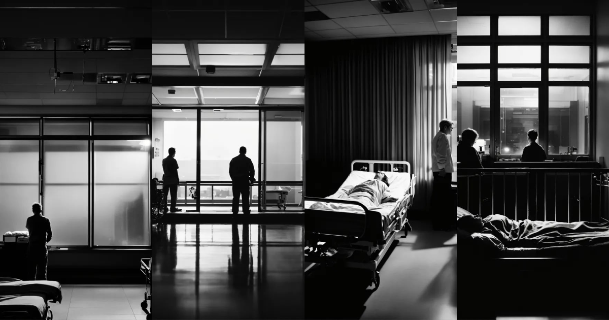 Lexica - Text family looking through wide window at a patient in a ...