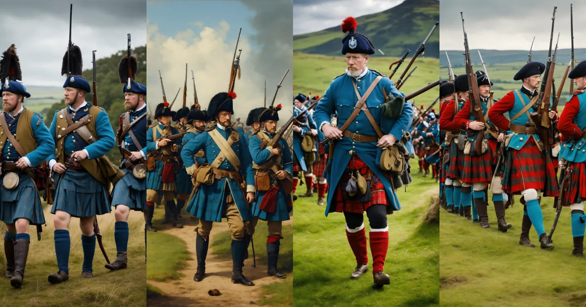 Lexica - Scottish clansmen at war using muskets, wearing sky blue ...
