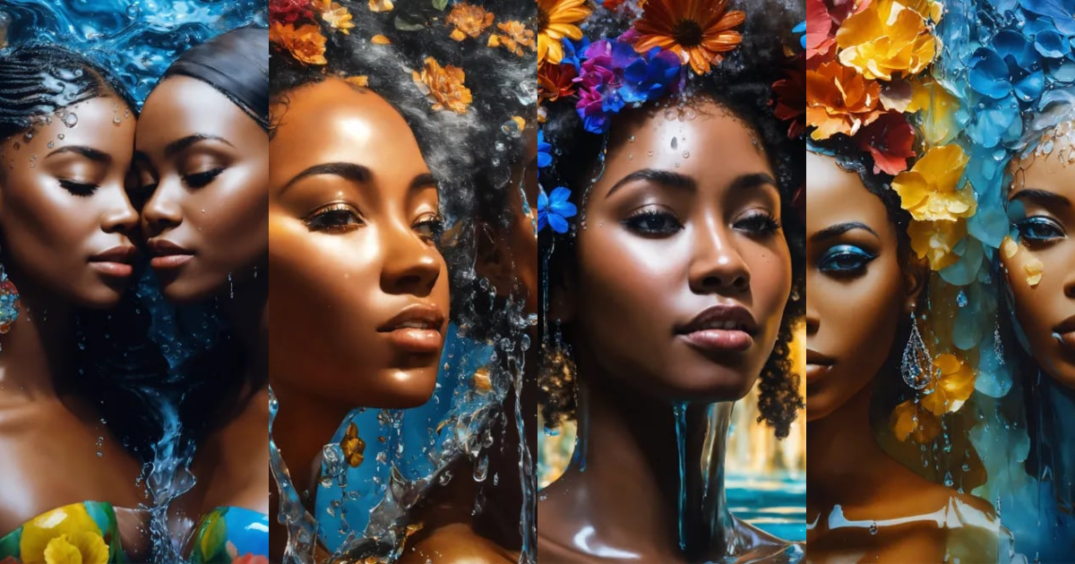 Lexica - Two Afrocentric women, one made of glass with water flowing ...