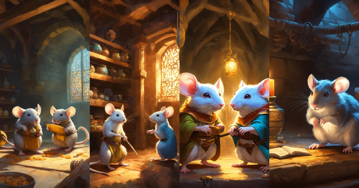 Lexica - 2 large mice dominating the image in a medieval storeroom , d ...