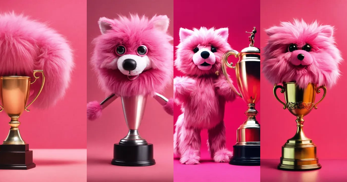 Lexica - Pink furry puppet hand holding a trophy, realistic