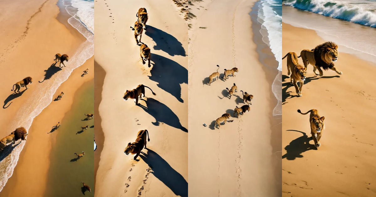 Lexica - Lions running on a beach, drone camera