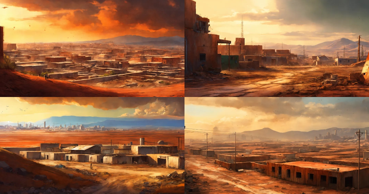 Lexica - Conept art, wasteland, small town in the distance, concrete ...