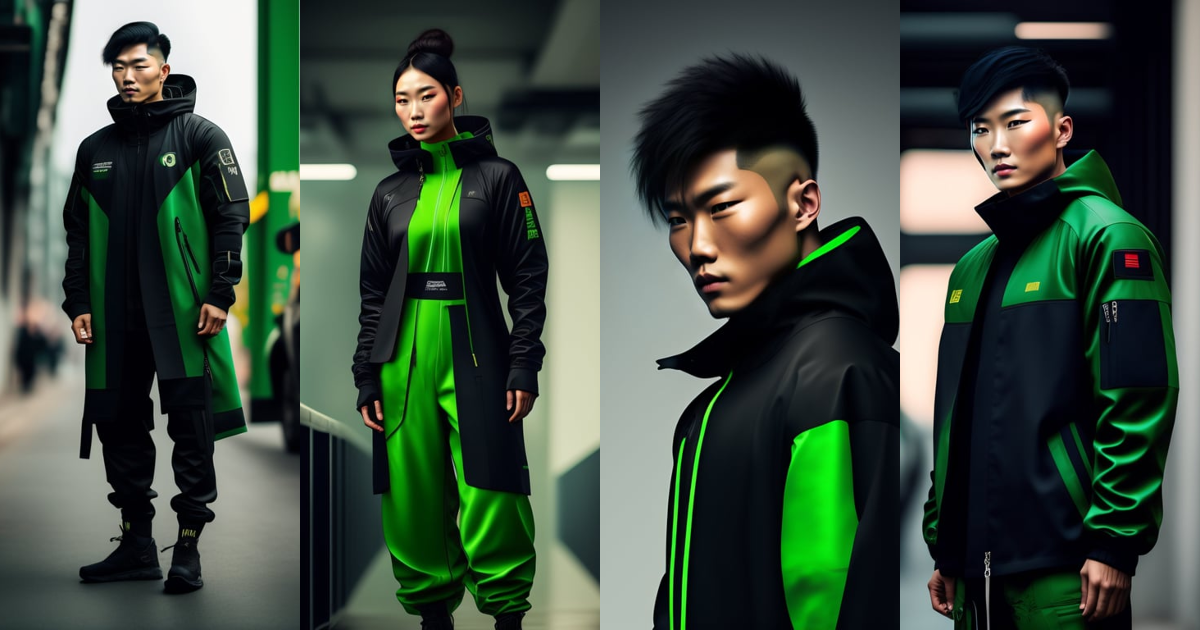 Lexica - An Asian inspired techwear model in black and green outfit