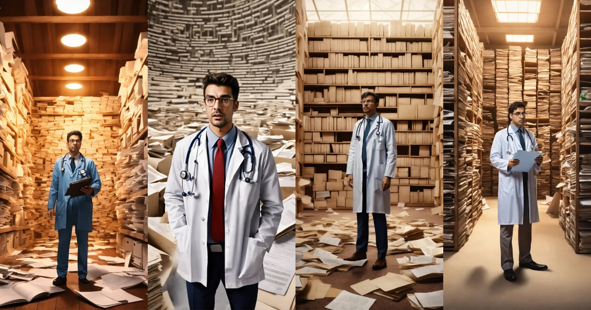 Lexica - Realistic scene of a confused doctor in a labyrinth with lots ...