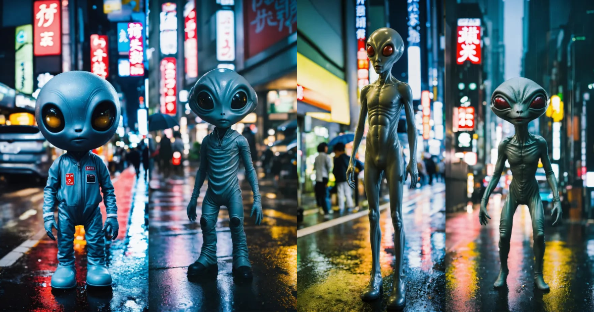 Lexica - Very cute, realistic grey alien standing in the street of ...