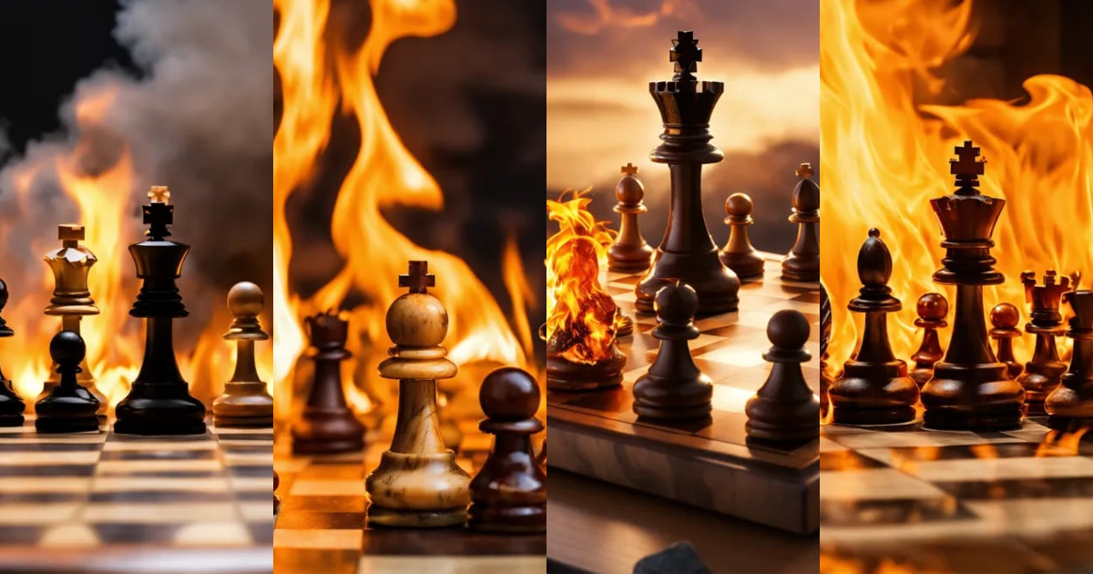 Lexica - Chess board with stone pieces, all is on fire