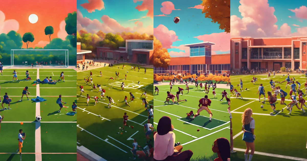 Lexica - Surreal style football field scene with students on campus ...