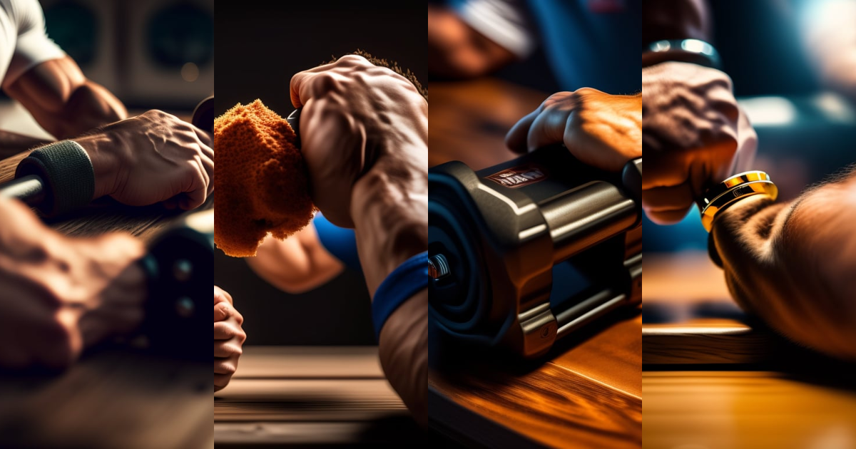 Lexica - Big shredded arm armwrestling on a table holding handles with ...