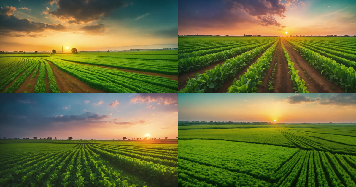 Lexica - Vibrant field with green crops under tranquil sunset sky,high ...