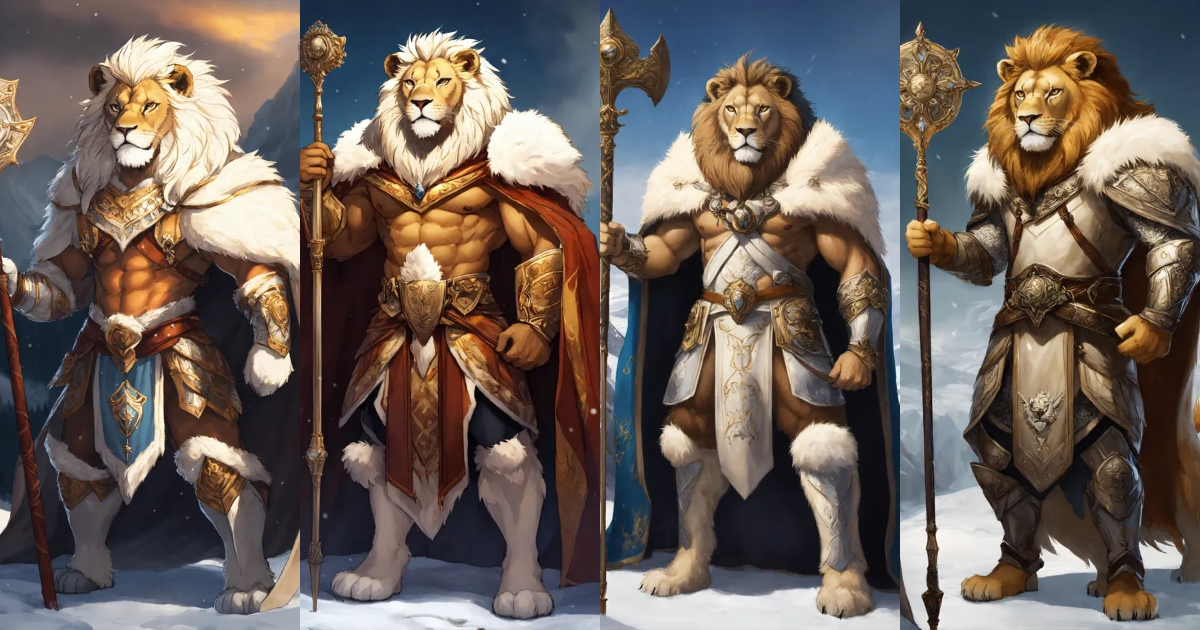 Lexica - Anthropomorphic, buff lion with white fur, wearing a heavy ...
