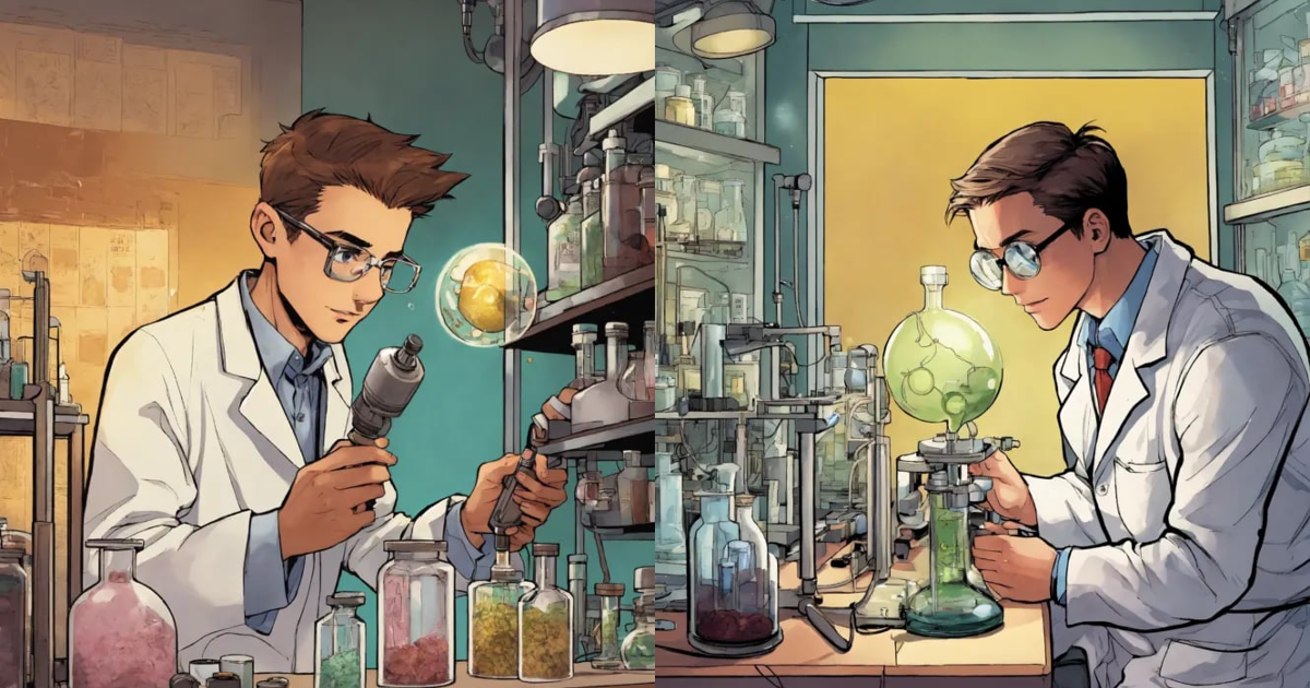 Lexica - Comic A young scientist is shown in his lab, holding a tiny ...