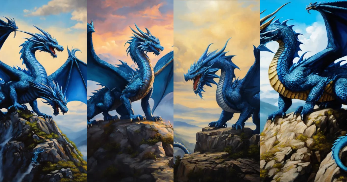 Lexica - Oil painting of a big blue dragon and a small blue dragon ...