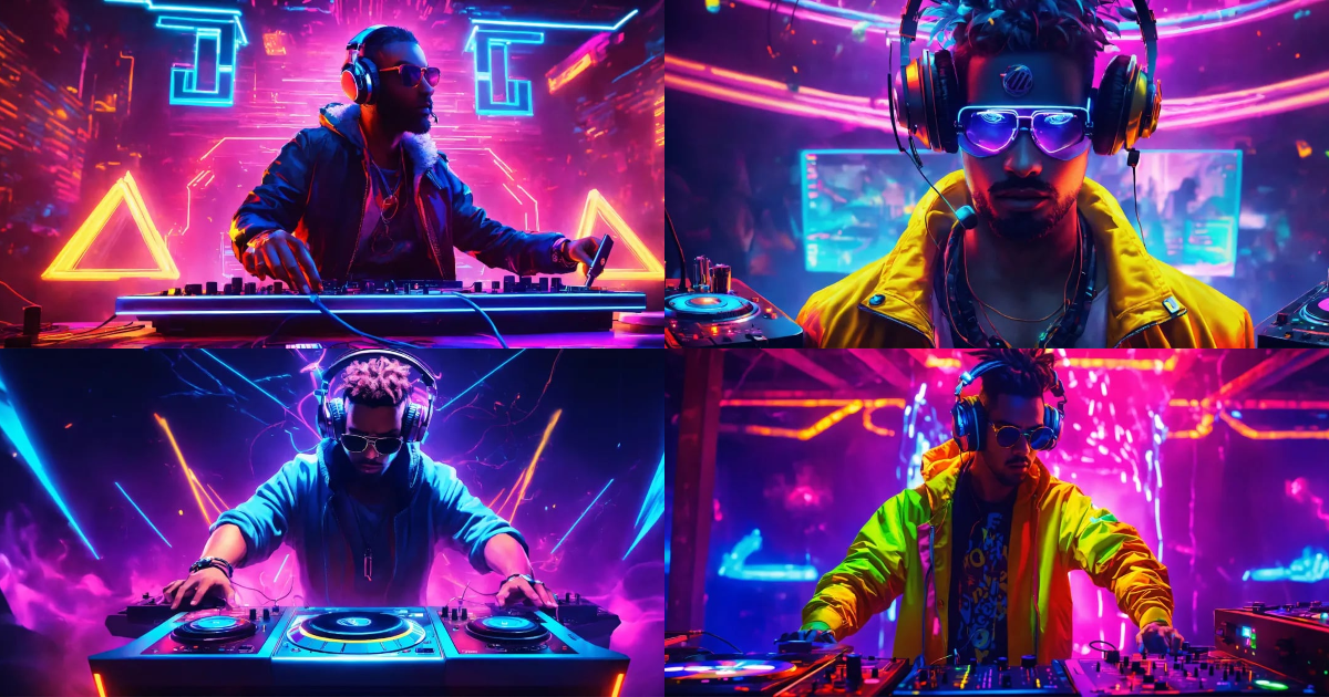 Lexica - A epic DJ character with chaotic elements and dramatic neon ...