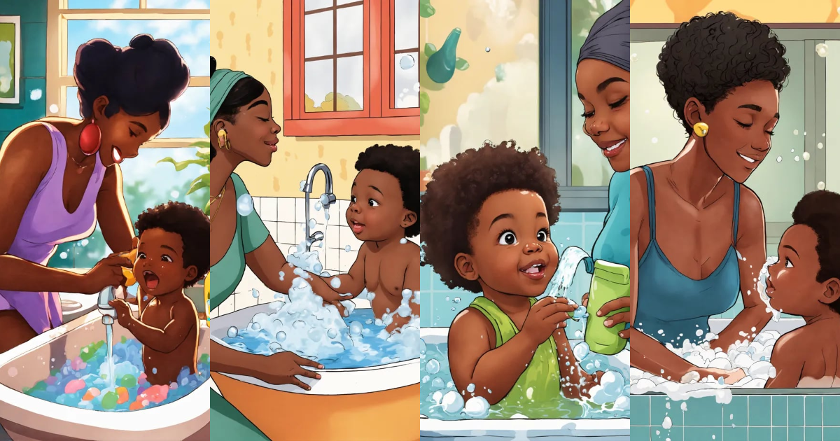 Lexica - Cartoon, colorful, illustrate a black toddler boy black mom helping black toddler wash ...