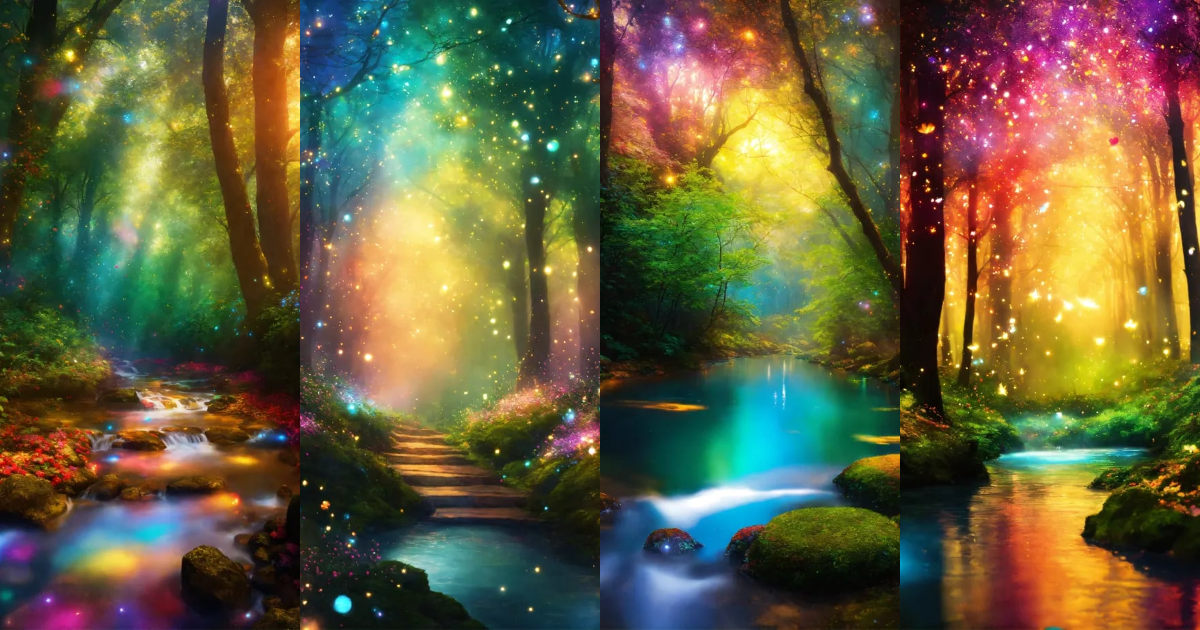 Lexica - Magical enchanted forest with pixie dust floating colorful