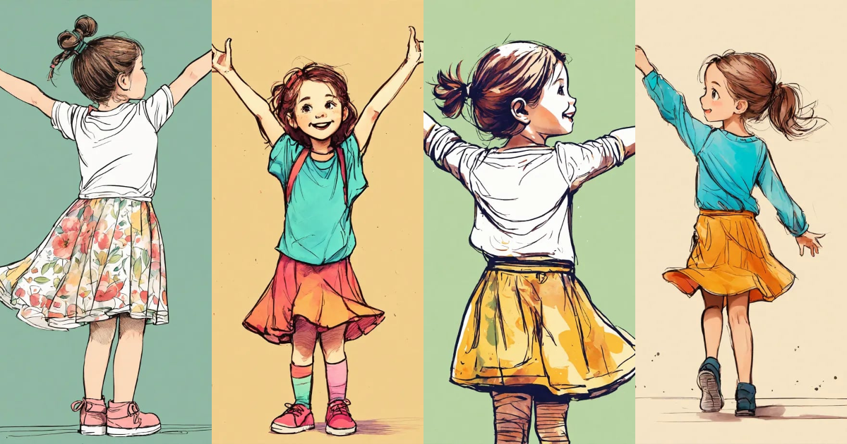 Lexica - A cute, happy LITTLE GIRL drawn from the BACK. Looking to the ...