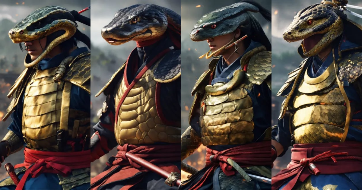 Lexica - Snake Samurai. Battlefield. Hyper realistic.