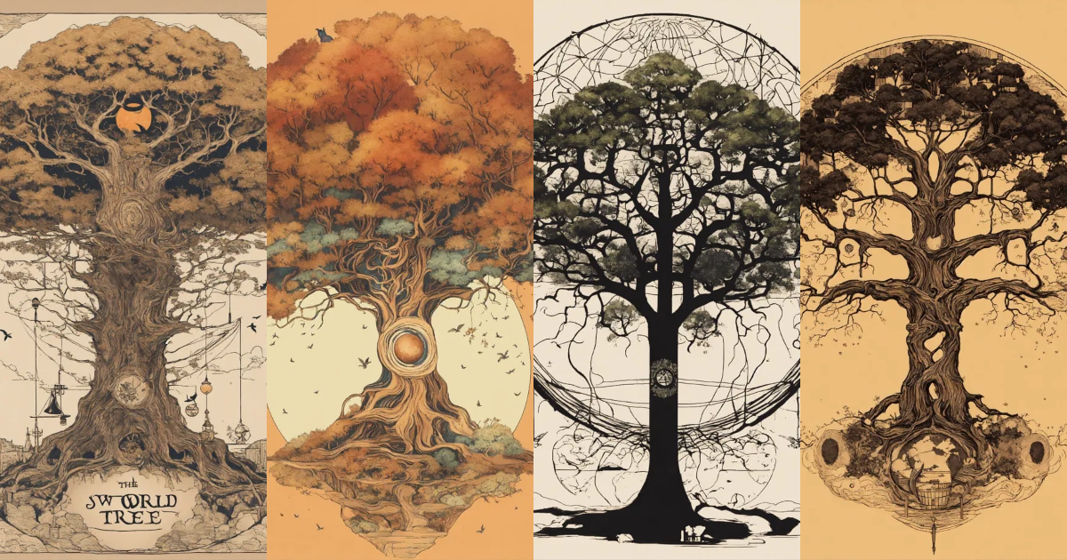 Lexica - T-shirt design, The World Tree, symbolic, metaphoric, ink one line