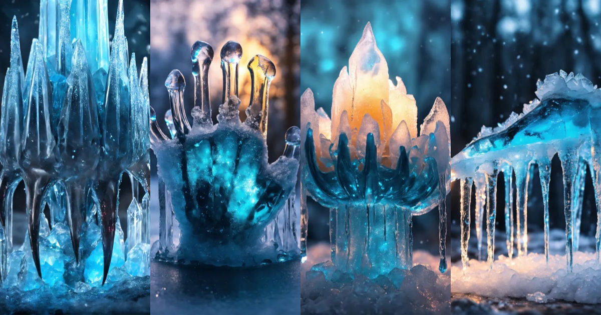 Lexica - A magical glowing ice hand with ice claws. Dripping cold.