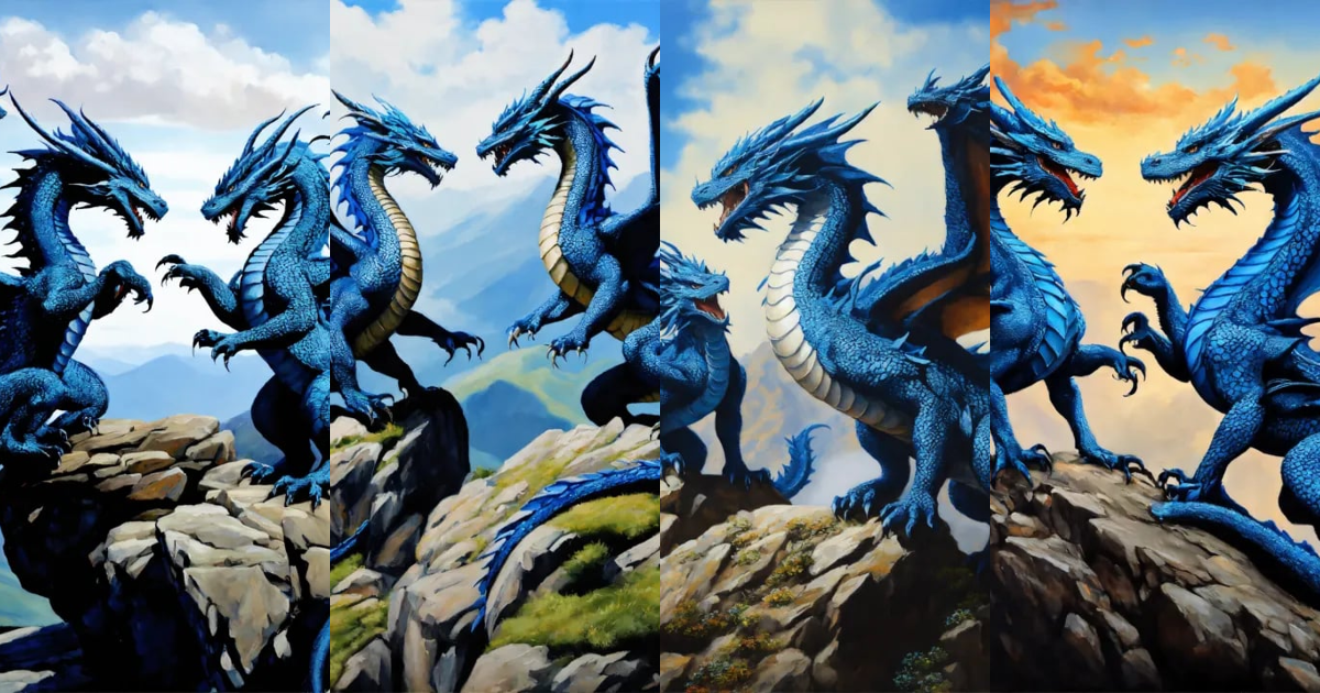 Lexica - Oil painting of two blue dragons touching each other on top of ...