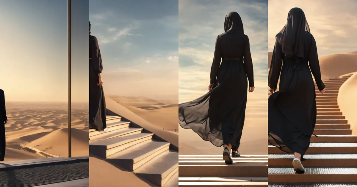 Lexica - Saudi woman climbing six steps only, walking upward, side-way ...