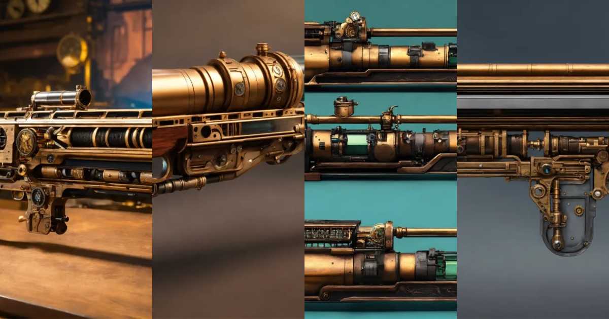 Lexica - Side view of the full image of a steampunk energy rifle
